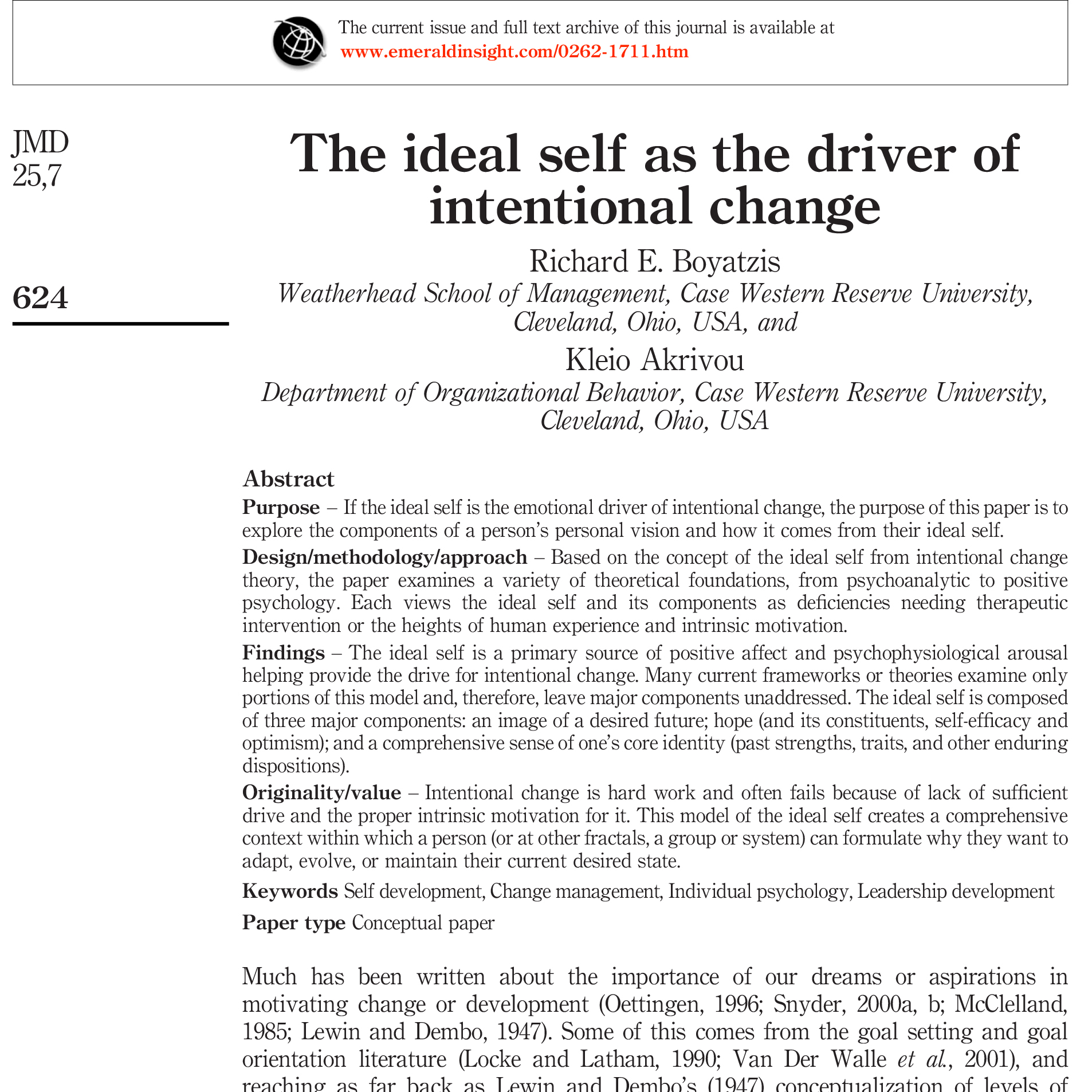 The Ideal Self For Intentional Change: Academic Article - Carol Kauffman