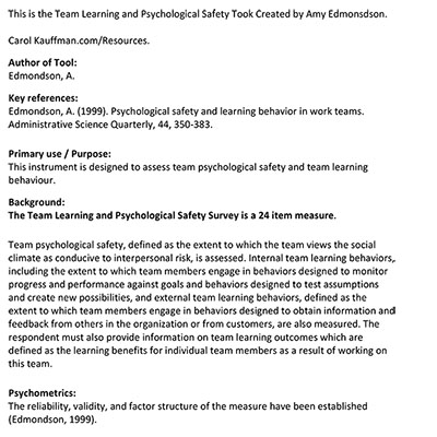 Team Psychological Safety Survey: Amy Edmondson - Carol Kauffman